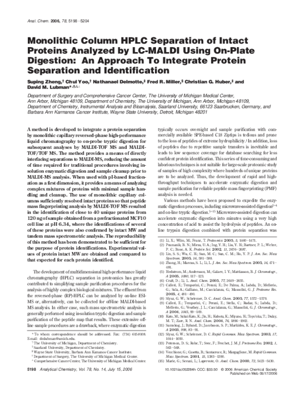 (PDF) Monolithic Column HPLC Separation of Intact Proteins Analyzed by ...