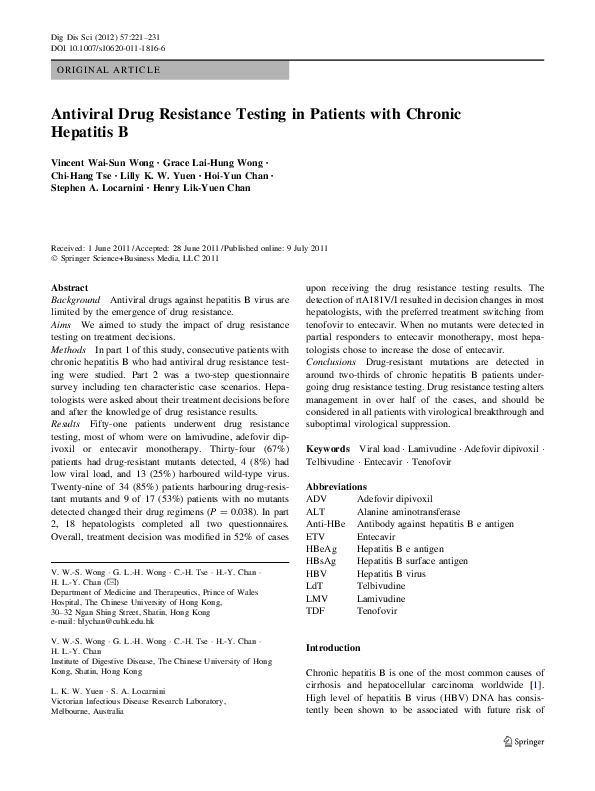 (PDF) Antiviral Drug Resistance Testing in Patients with Chronic ...