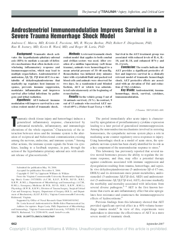 (PDF) Androstenetriol Immunomodulation Improves Survival in a Severe Trauma Hemorrhage Shock Model