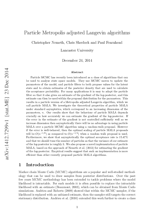 (PDF) Particle Metropolis adjusted Langevin algorithms