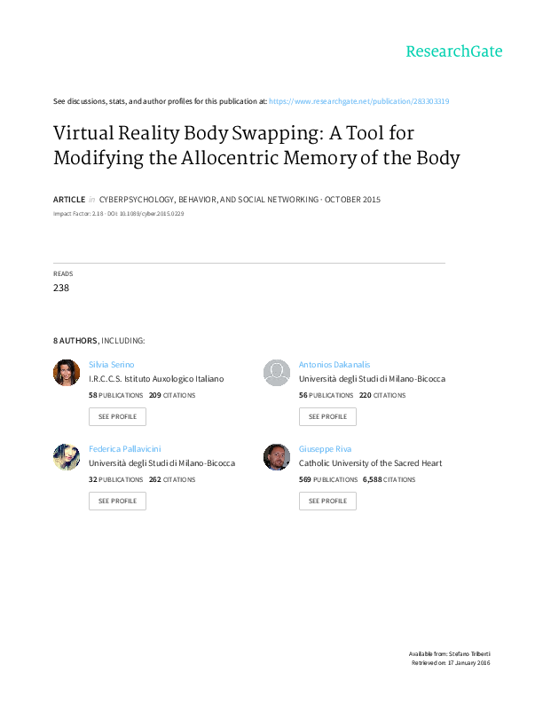 (PDF) Virtual Reality Body Swapping: A Tool for Modifying the Allocentric Memory of the Body