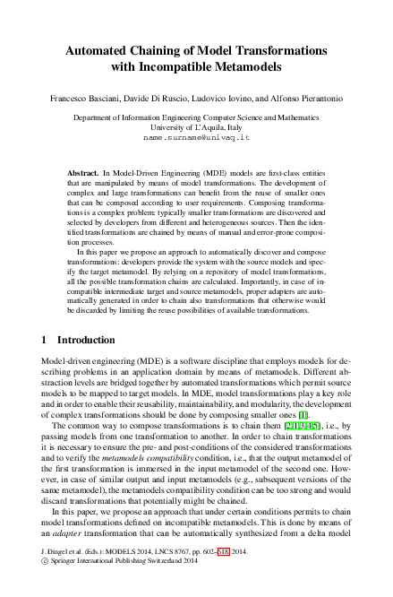 (PDF) Automated chaining of model transformations with incompatible metamodels - pre-print