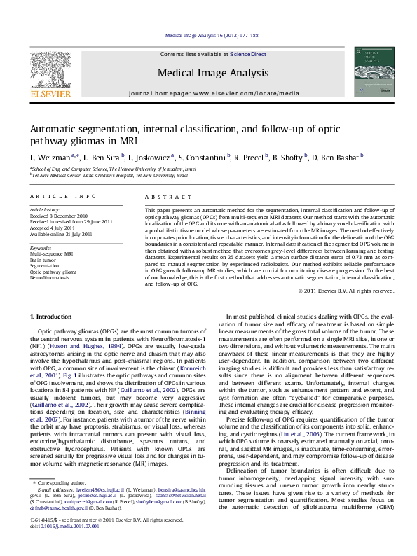 Pdf Automatic Segmentation Internal Classification And Follow Up Of Optic Pathway Gliomas In