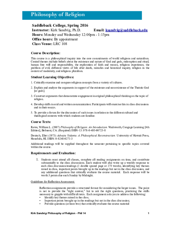 (PDF) Philosophy of Religion Syllabus