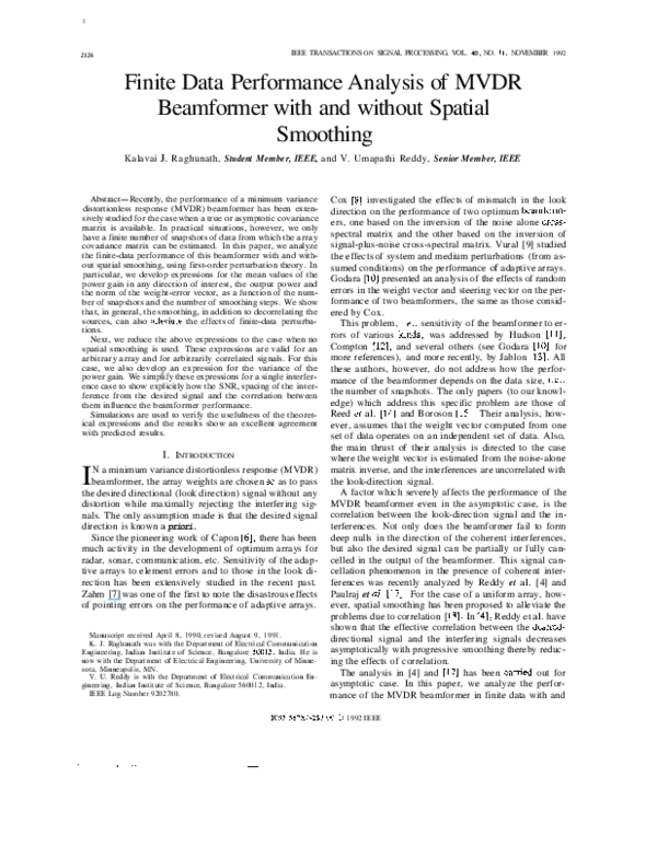 (PDF) Finite data performance analysis of MVDR beamformer with and without spatial smoothing