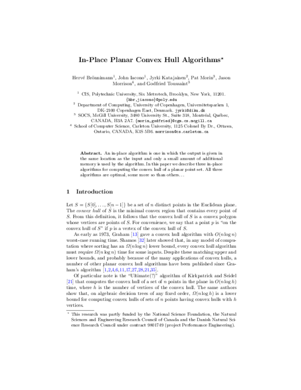 Pdf In Place Planar Convex Hull Algorithms Hervé Brönnimann