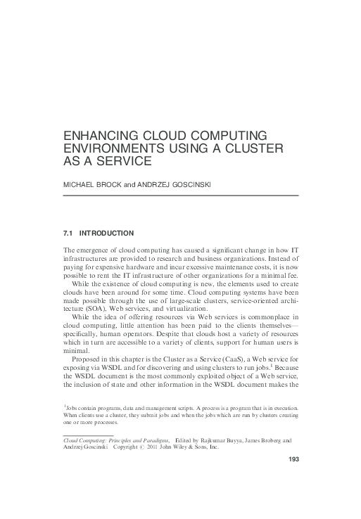 (PDF) Enhancing Cloud Computing Environments Using a Cluster as a Service
