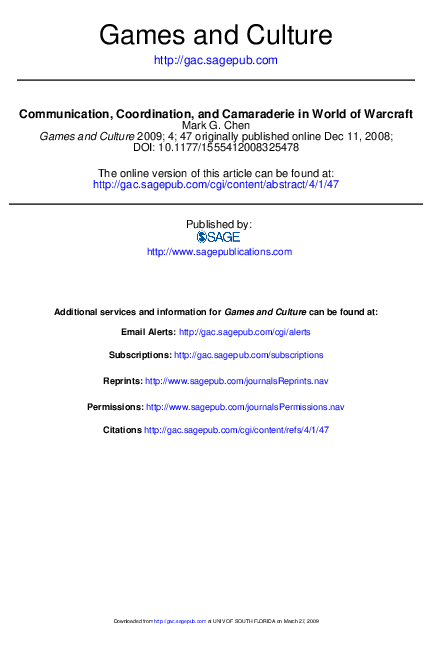 (PDF) Communication, coordination, and camaraderie in World of Warcraft