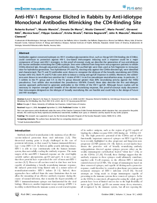(PDF) Anti-HIV-1 Response Elicited in Rabbits by Anti-Idiotype ...