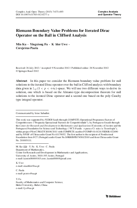 (PDF) Riemann Boundary Value Problems for Iterated Dirac Operator on the Ball in Clifford Analysis