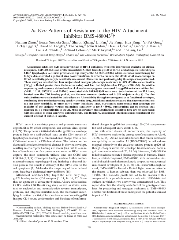 (PDF) In Vivo Patterns of Resistance to the HIV Attachment Inhibitor ...