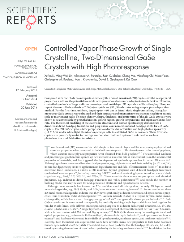 (PDF) Controlled Vapor Phase Growth of Single Crystalline, Two ...