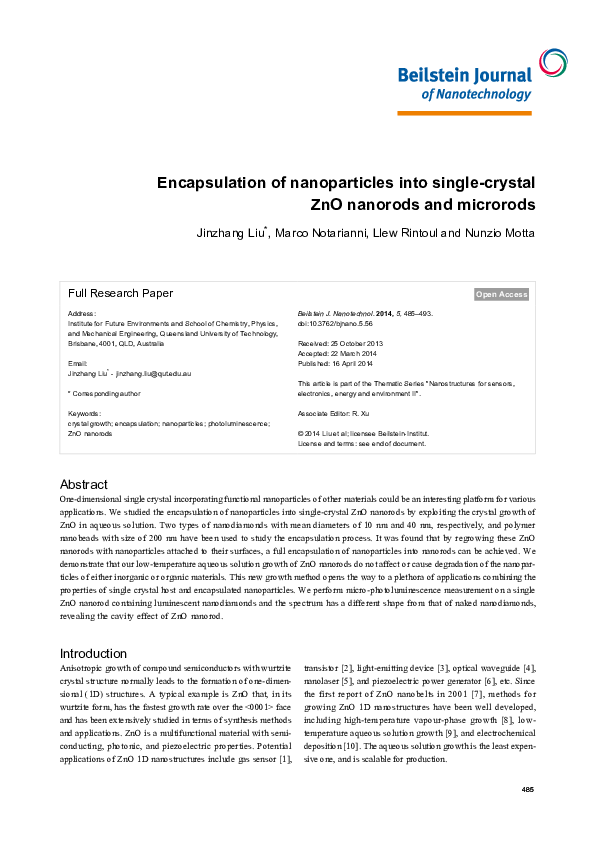 (PDF) Encapsulation of nanoparticles into single-crystal ZnO nanorods and microrods