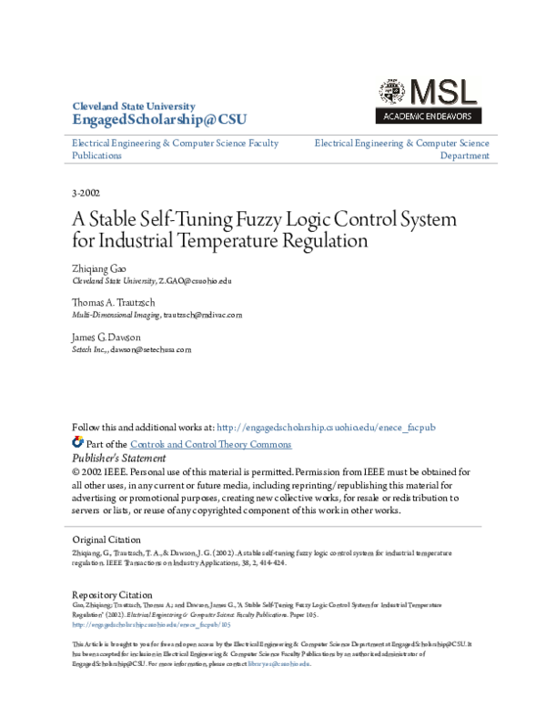 (PDF) A Stable Self-Tuning Fuzzy Logic Control System for Industrial Temperature Regulation