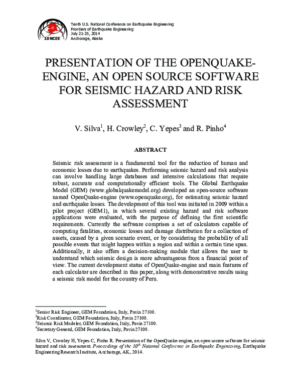 Pdf Presentation Of The Openquake Engine An Open Source Software For