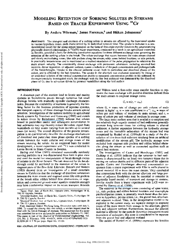 (PDF) Modeling Retention of Sorbing Solutes in Streams Based on Tracer ...
