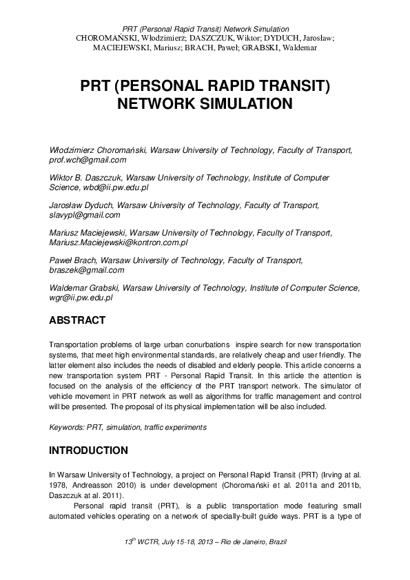 (PDF) PRT (Personal Rapid Transit) Network Simulation