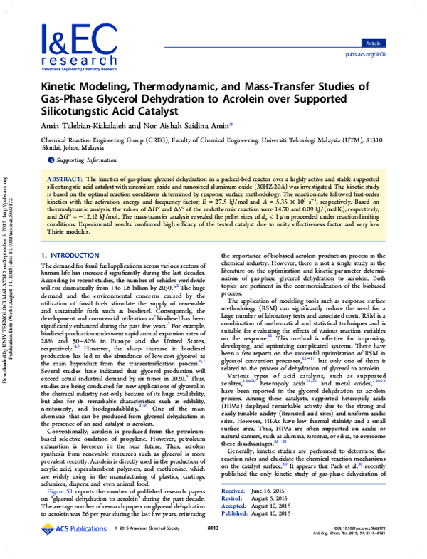 (PDF) Kinetic Modeling, Thermodynamic, and Mass-Transfer Studies of Gas-Phase Glycerol ...