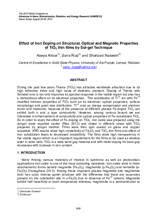 Pdf Effect Of Iron Doping On Structural Optical And Magnetic Properties Of Tio2 Thin Films By