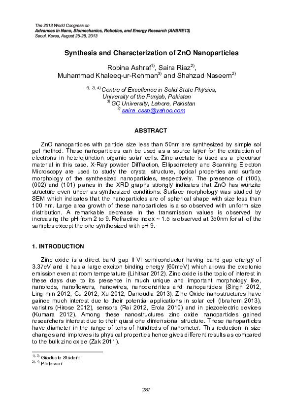 (PDF) Synthesis and Characterization of ZnO Nanoparticles