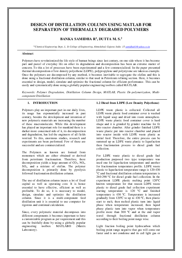 Pdf Design Of Distillation Column Using Matlab For Separation Of
