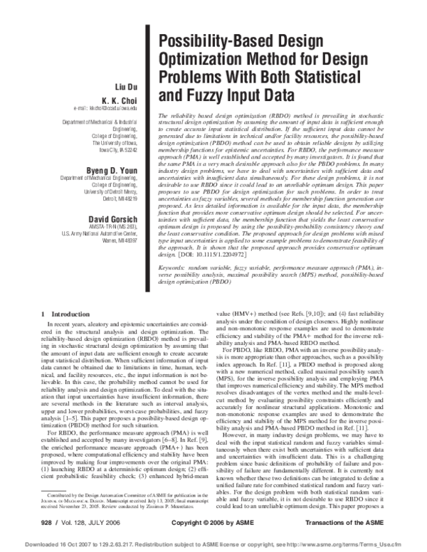 Pdf Possibility Based Design Optimization Method For Design Problems With Both Statistical And