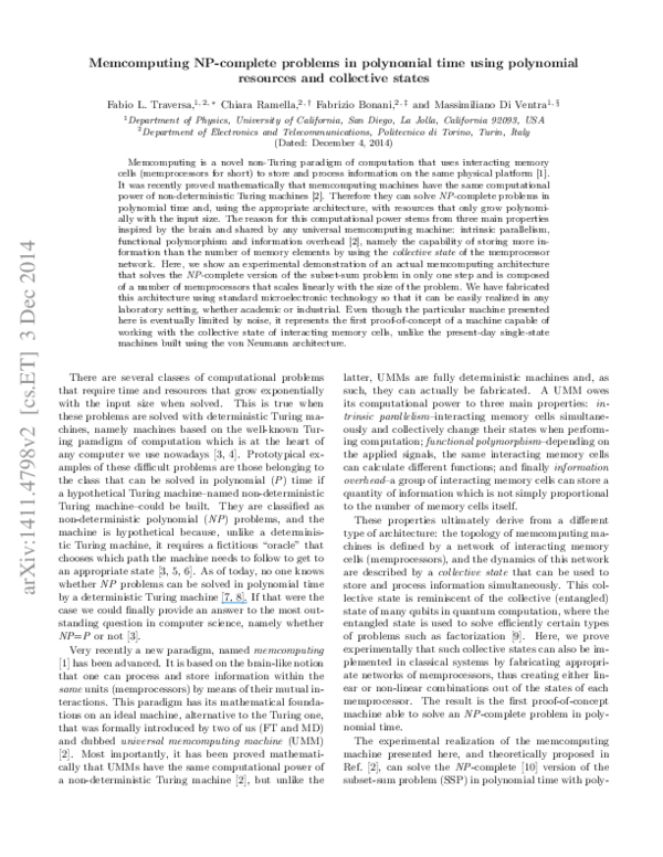(PDF) Memcomputing NP-complete problems in polynomial time using polynomial resources and ...