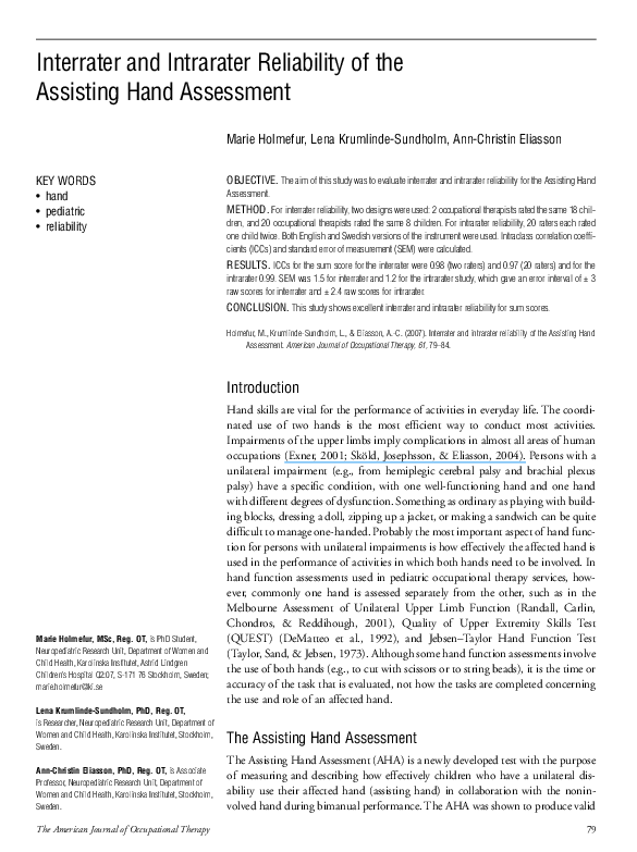 (PDF) Interrater and Intrarater Reliability of the Assisting Hand ...