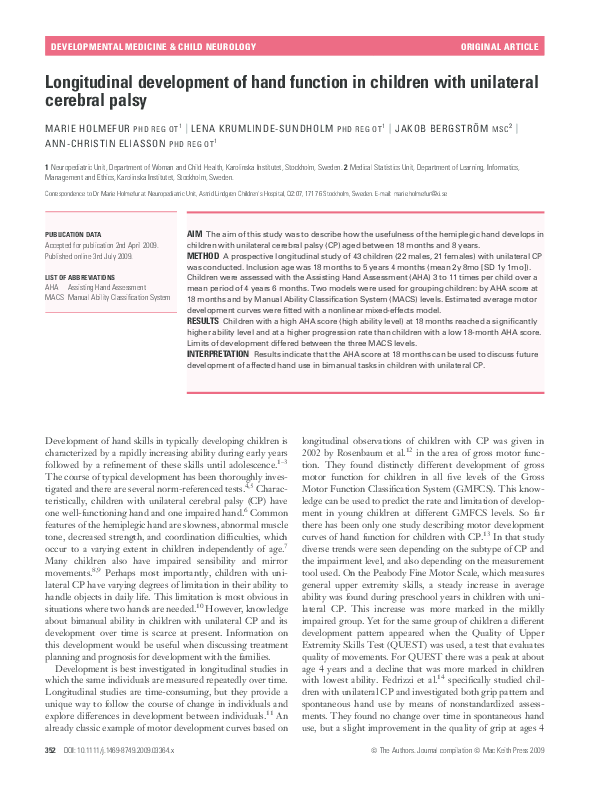 (PDF) Longitudinal development of hand function in children with ...