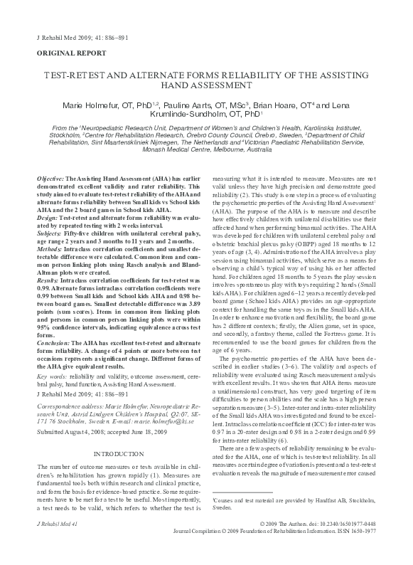 (PDF) Test-retest and alternate forms reliability of the assisting hand ...