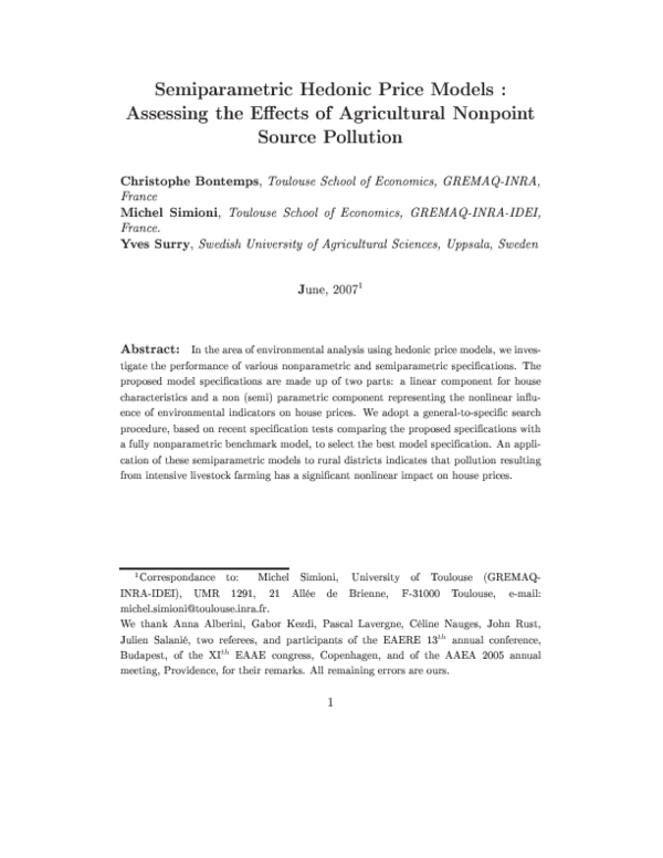 (PDF) Semiparametric Hedonic Price Models : Assessing the Effects of Nonpoint Source Pollution