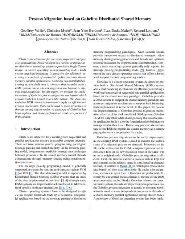 (PDF) Process Migration Based on Gobelins Distributed Shared Memory | J. Berthou - Academia.edu