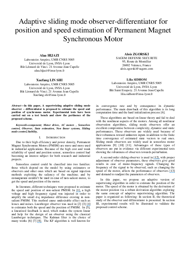 (PDF) Adaptive sliding mode observer-differentiator for position and speed estimation of ...