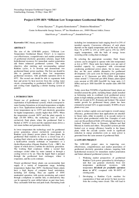 Pdf Project Low Bin Efficient Low Temperature Geothermal Binary Power
