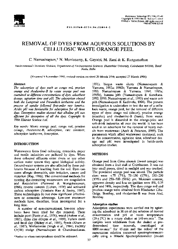 (PDF) Removal of dyes from aqueous solutions by cellulosic waste orange peel
