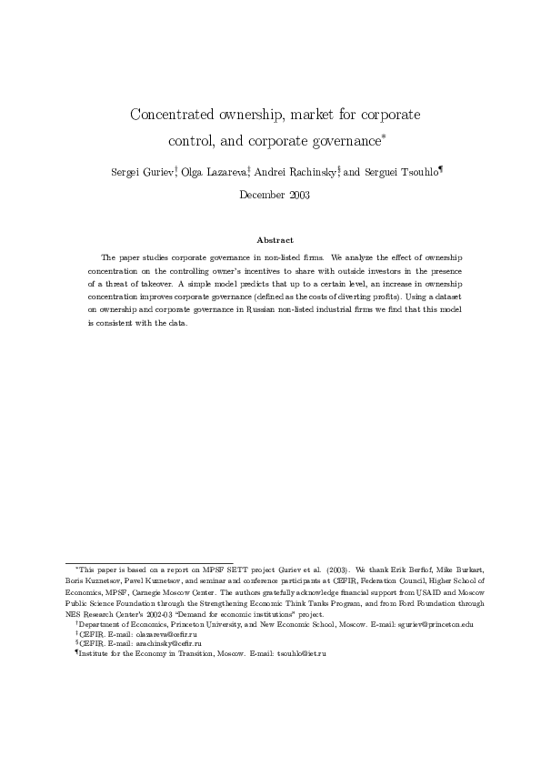 (PDF) Concentrated ownership, market for corporate control, and corporate governance