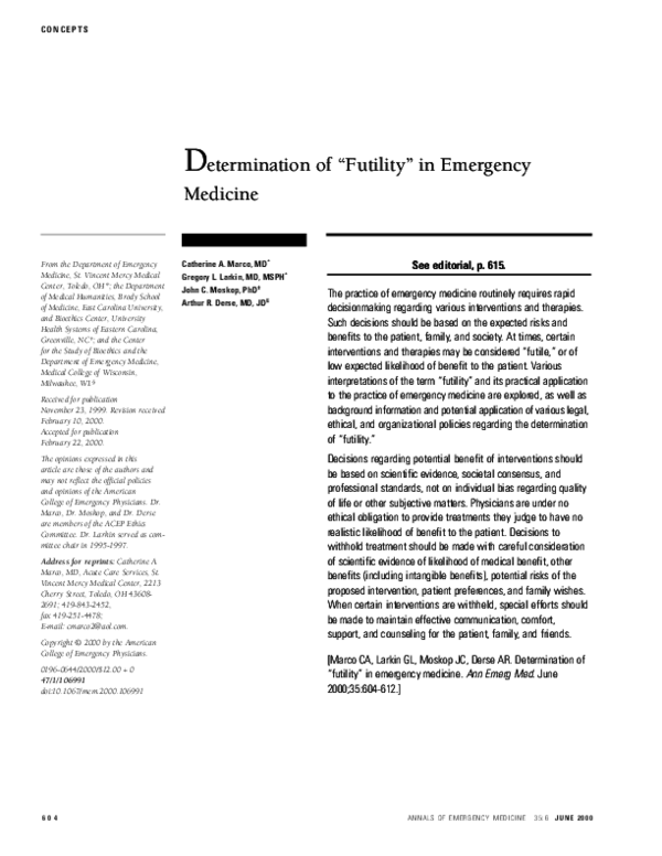 (PDF) Determination of “futility” in emergency medicine