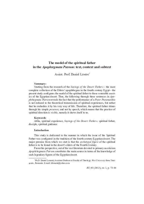 (PDF) The Model of the Spiritual Father in the Apophtegmata Patrum ...