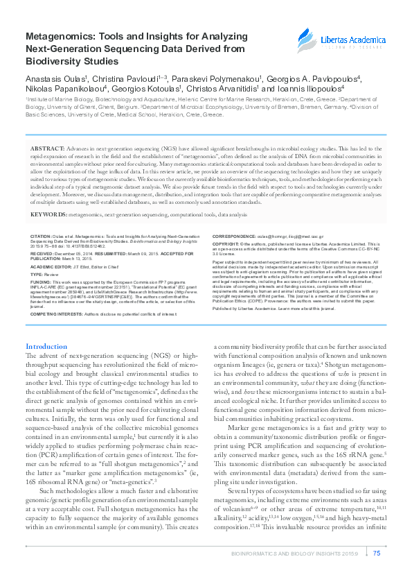 (PDF) Metagenomics: Tools and Insights for Analyzing Next-Generation Sequencing Data Derived ...