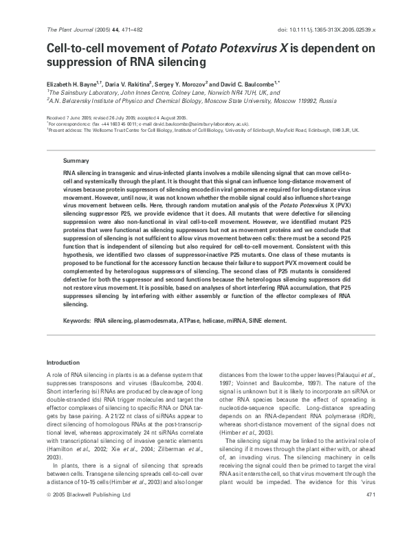 (PDF) Cell-to-cell movement of Potato Potexvirus X is dependent on ...