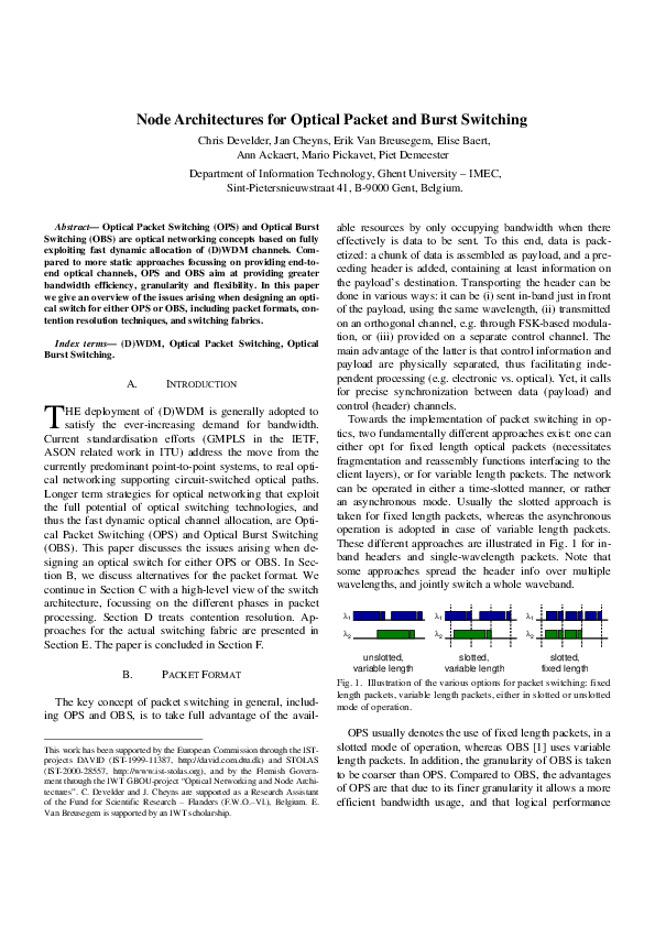 (PDF) Node architectures for optical packet and burst switching