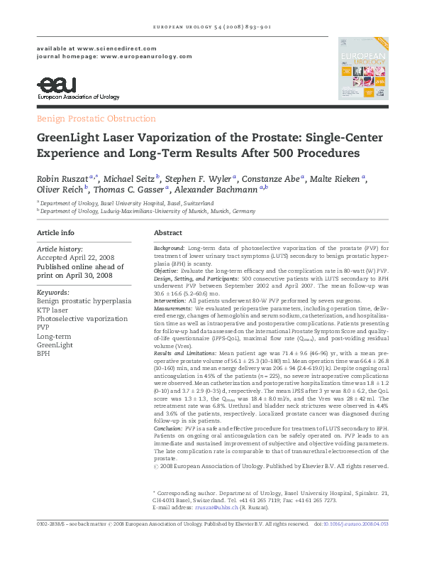 (PDF) GreenLight Laser Vaporization of the Prostate: Single-Center ...