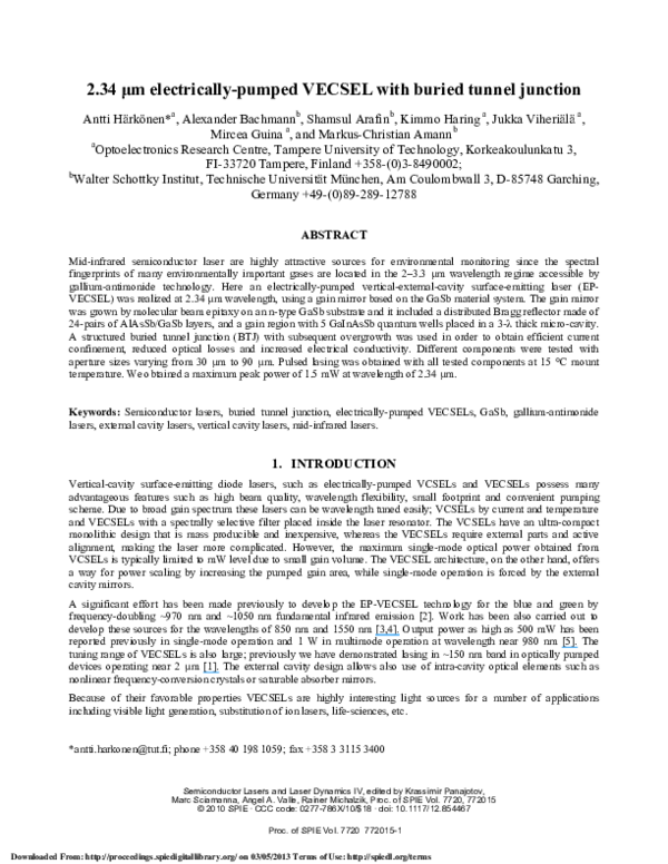(PDF) 2.34-μm electrically pumped VECSEL with buried tunnel junction