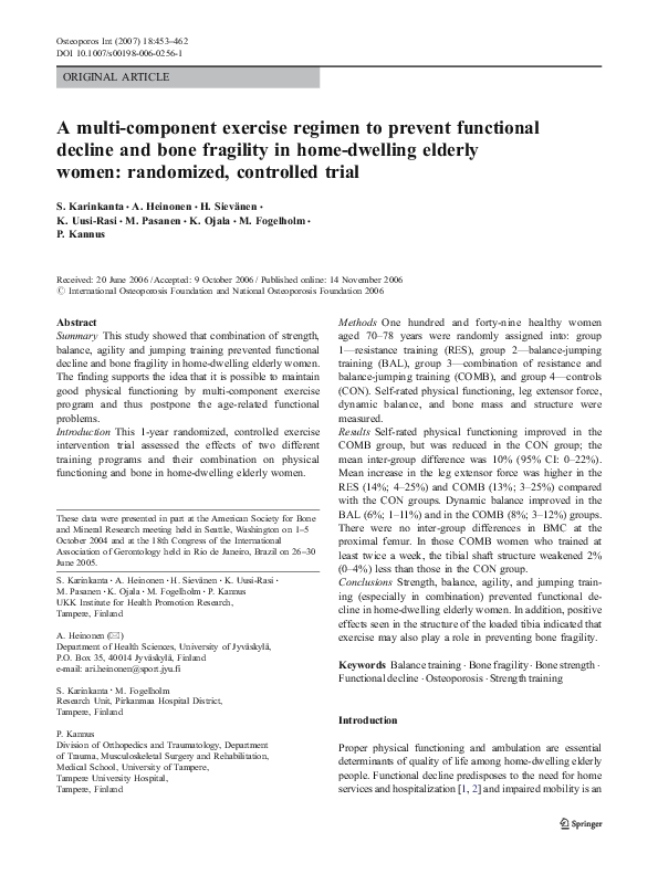 Pdf A Multi Component Exercise Regimen To Prevent Functional Decline And Bone Fragility In