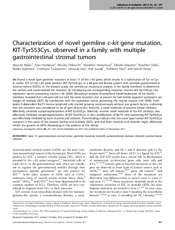 (PDF) Characterization of novel germline c-kit gene mutation, KIT ...