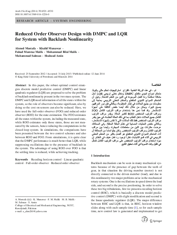 (PDF) Reduced Order Observer Design with DMPC and LQR for System with ...
