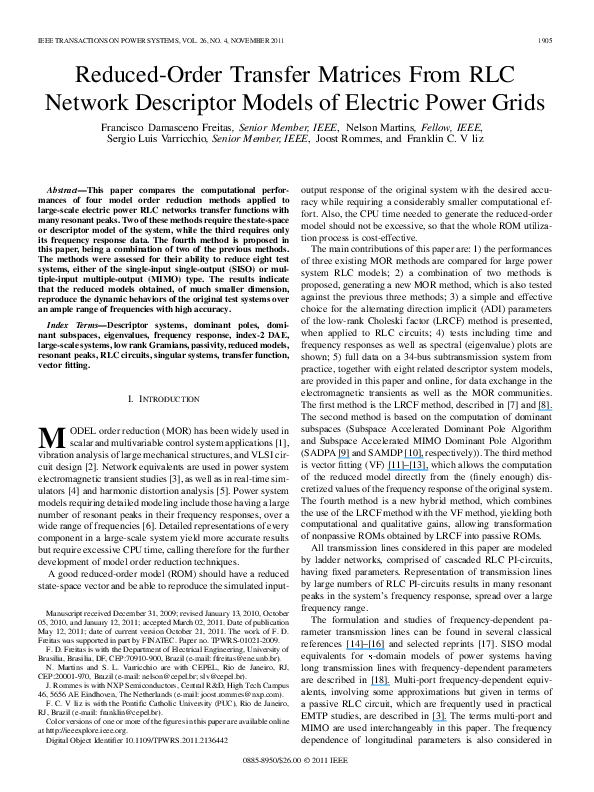 (PDF) Reduced-Order Transfer Matrices From RLC Network Descriptor Models of Electric Power Grids