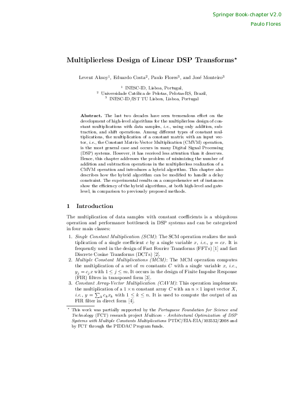(PDF) Multiplierless design of linear DSP transforms | Paulo Flores - Academia.edu