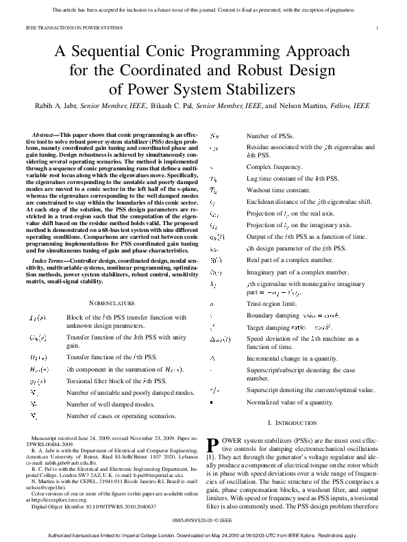 Pdf A Sequential Conic Programming Approach For The Coordinated And Robust Design Of Power