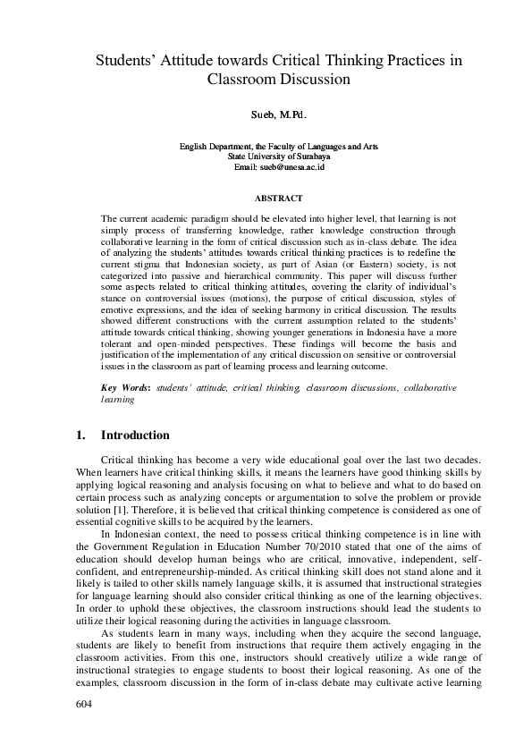(PDF) Students’ Attitude towards Critical Thinking Practices in ...